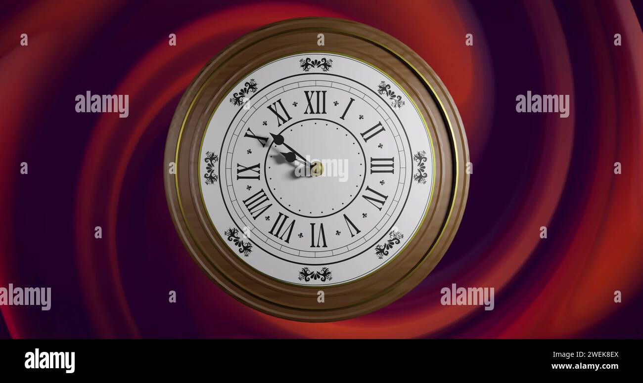 Image of clock ticking over red swirls background Stock Photo - Alamy