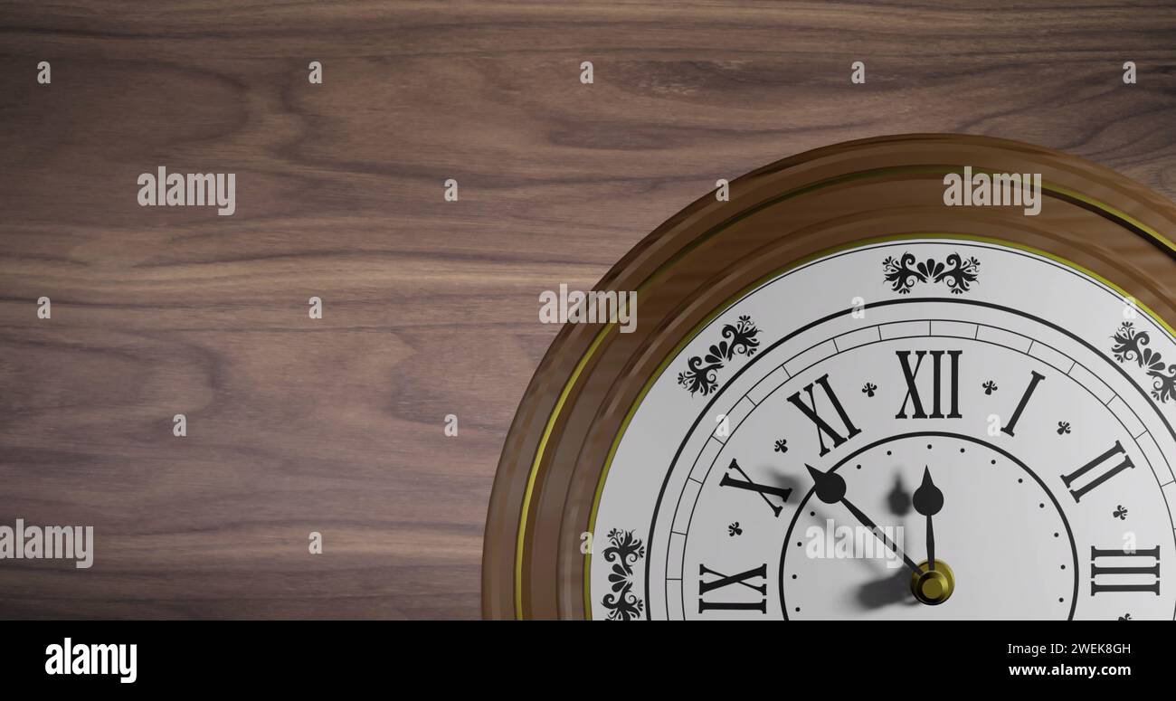 Image of clock ticking over wooden background Stock Photo - Alamy