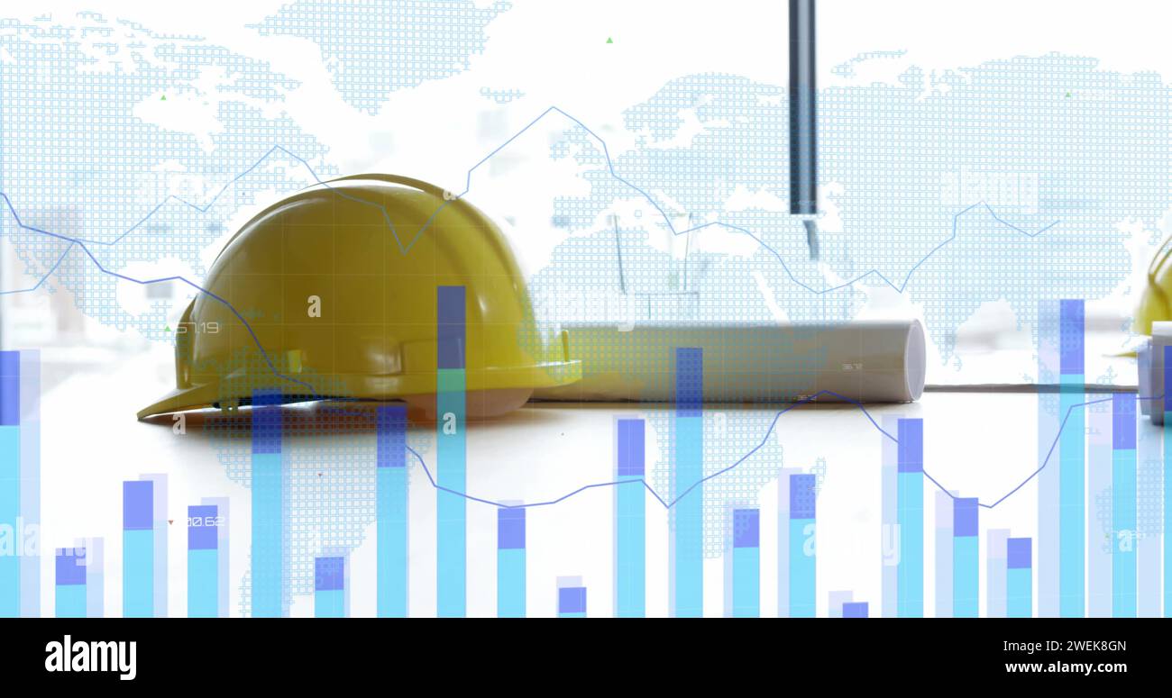 Image of statistics and data processing over hard hat and plans in ...