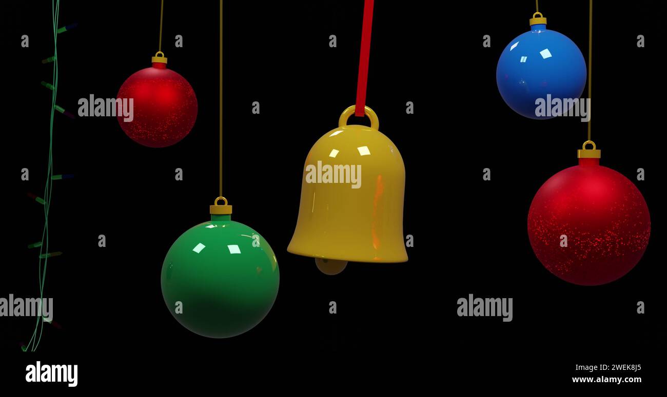 Coloured christmas string lights flashing and colourful baubles ...