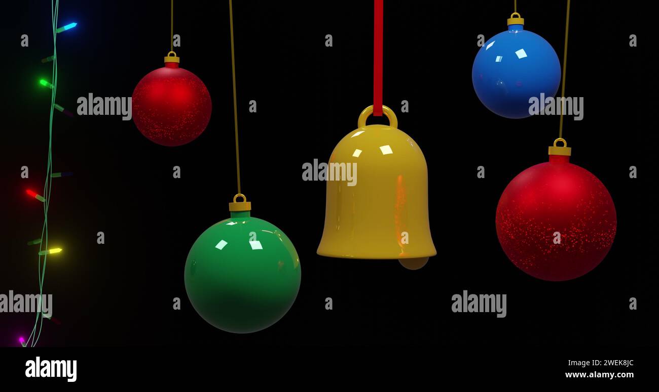 Coloured christmas string lights flashing and colourful baubles ...