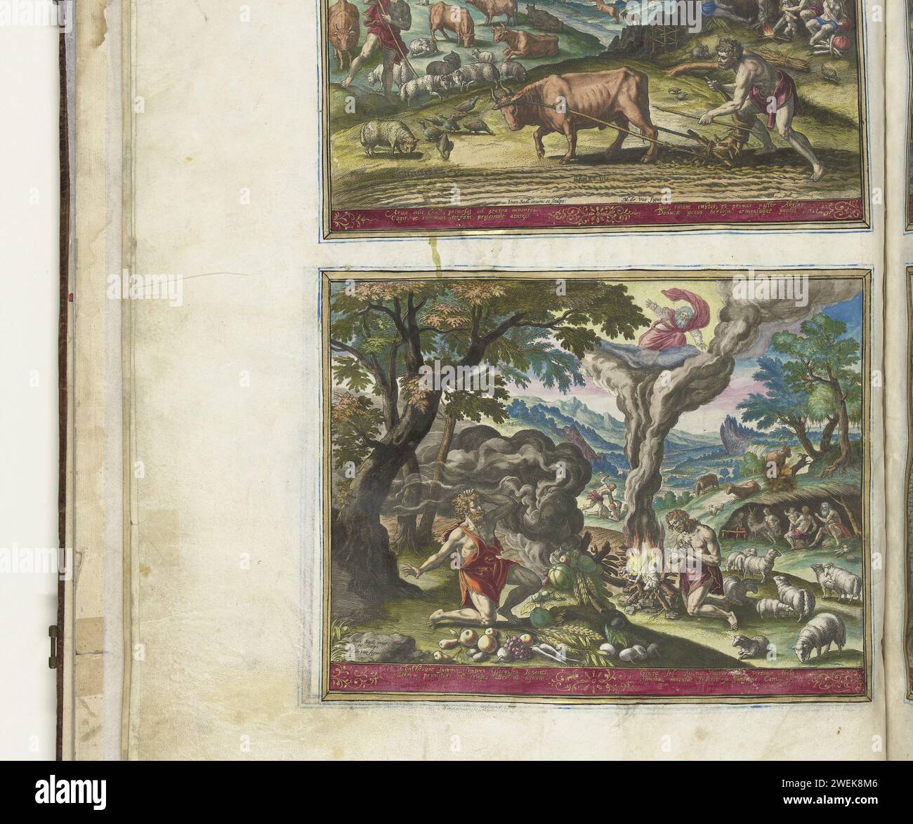 Cain as a farmer and Abel as a shepherd, 1583 print Cain plows a field ...