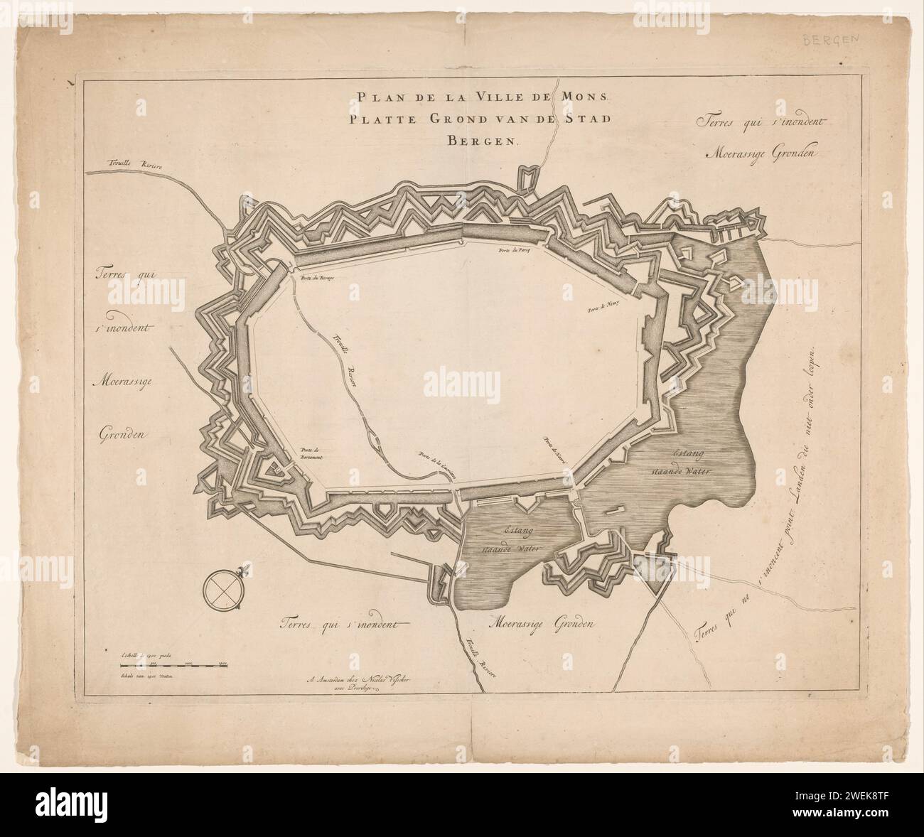 Map of Bergen (Mons), Anonymous, 1677 - 1720 print Map of Bergen (Mons ...