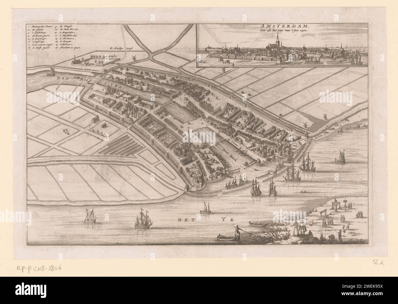 Map of Amsterdam with cityscape, before 1400, Jacob van Meurs (Possible), 1663 - 1664 print ...