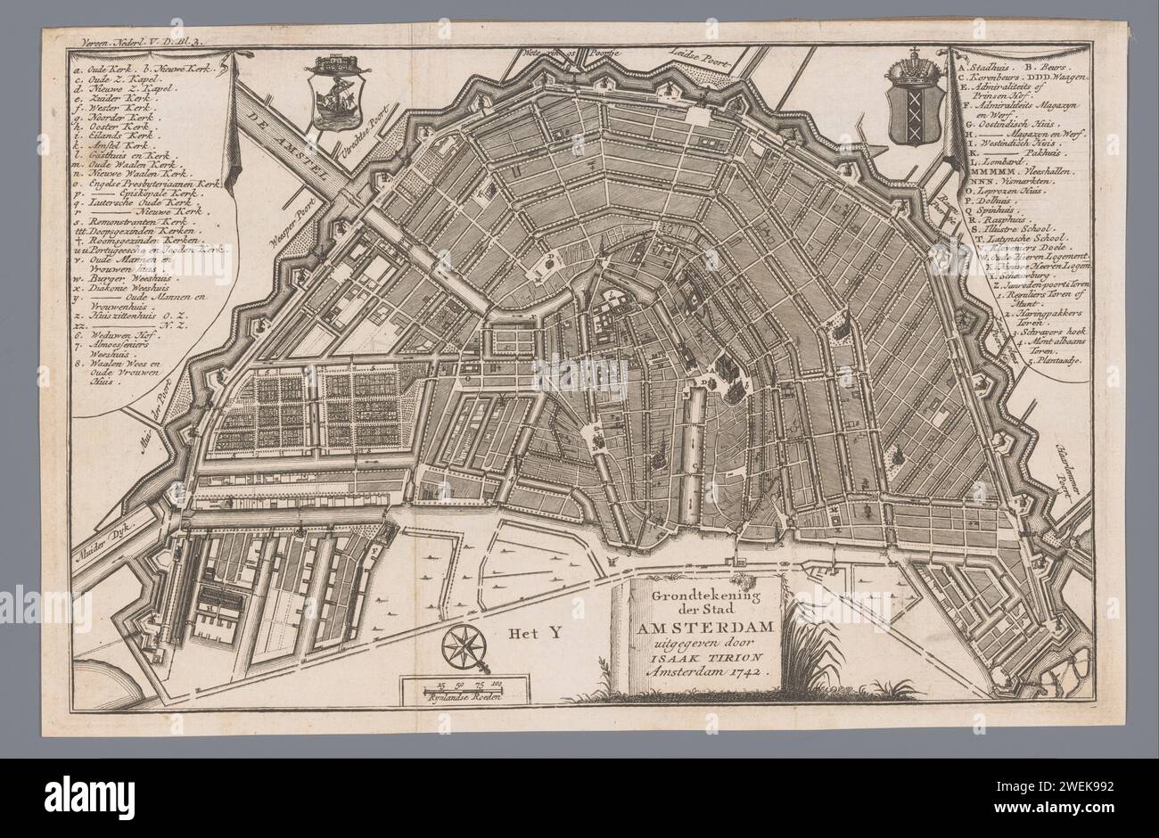 Map of Amsterdam, 1742, Anonymous, 1742 print paper etching maps of cities. city-walls Amsterdam ...