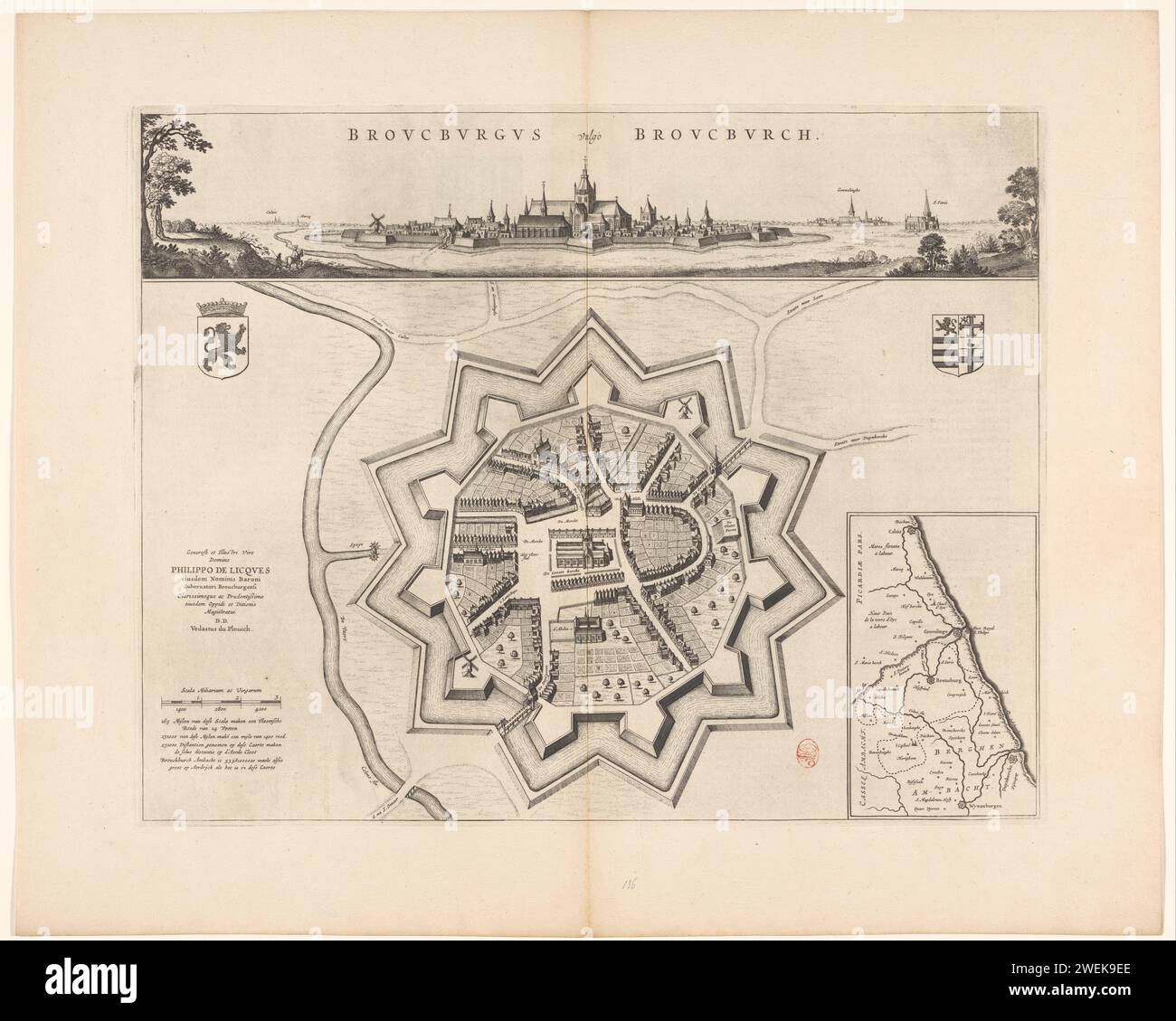 Map of and face on Bourbourg, Anonymous, 1652 print Above a face on Bourbourg. Under a map of ...