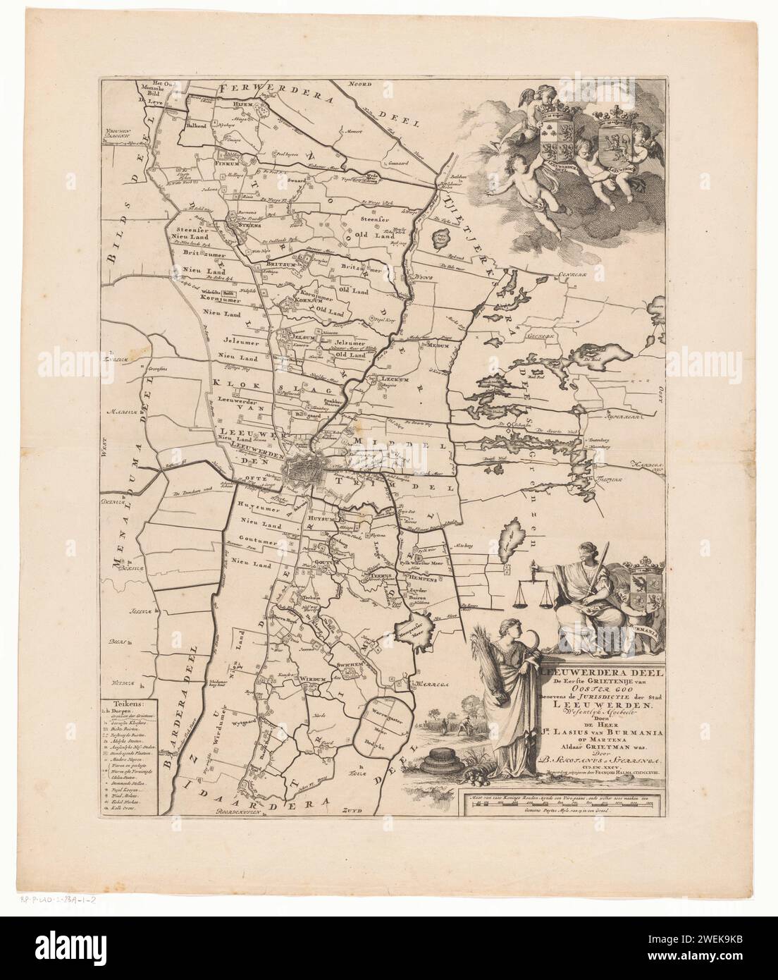 Map of the Grietenij Leeuwarderadeel, 1718 print Bottom left legend. At ...