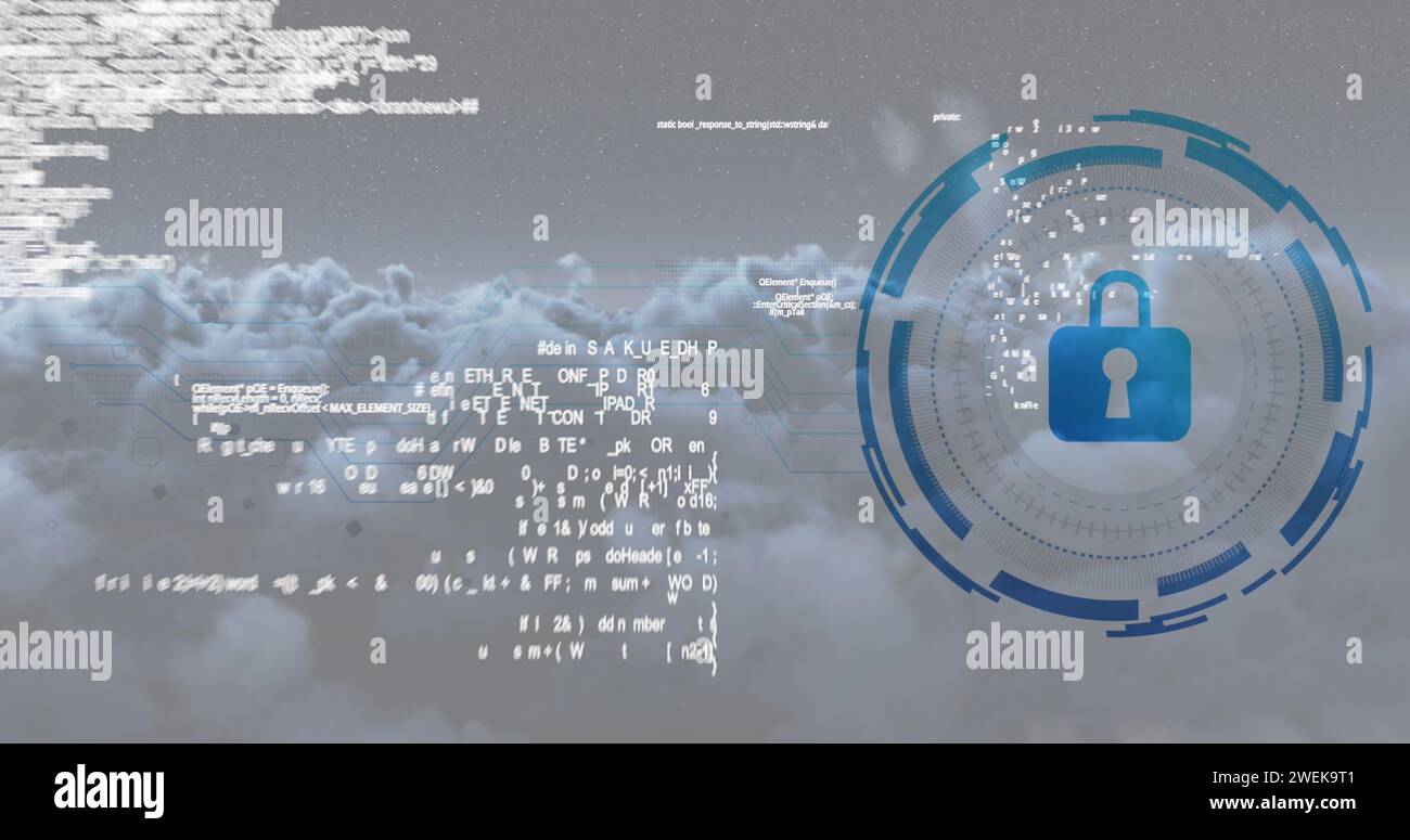 Image of padlock over data processing and clouds on black background Stock Photo - Alamy