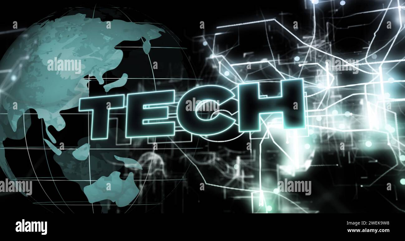 Image of tech text over globe on black background Stock Photo - Alamy
