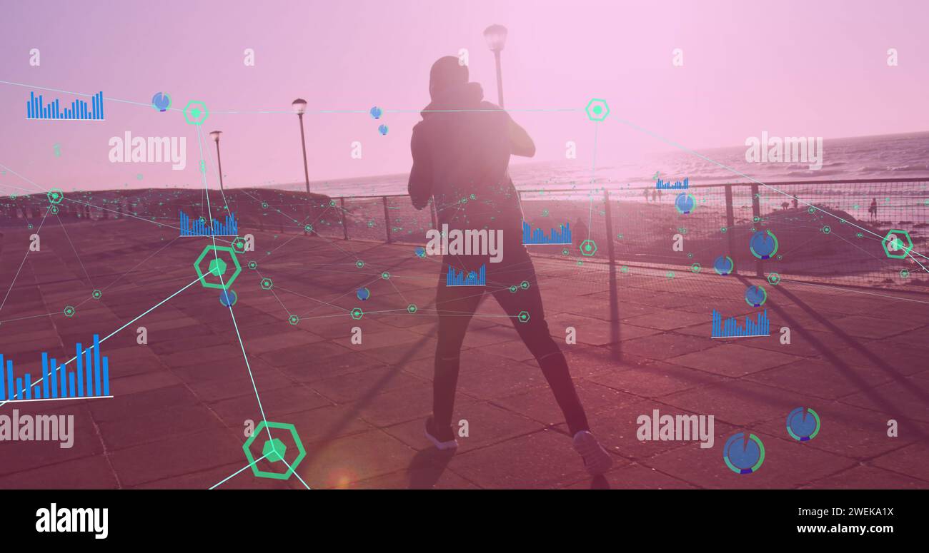 Network of connections against african american male boxer practicing ...