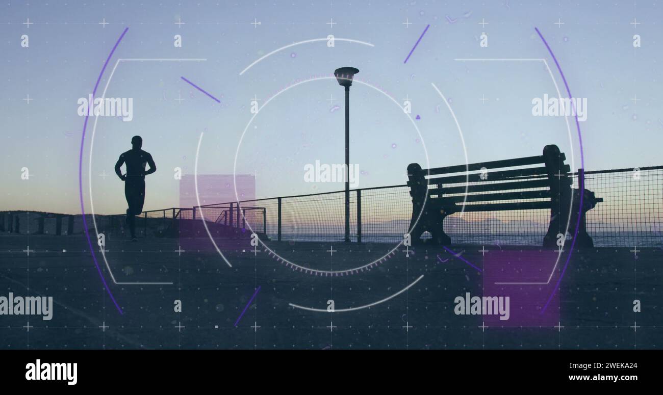 Image of scope scanning over african american man running outdoors ...