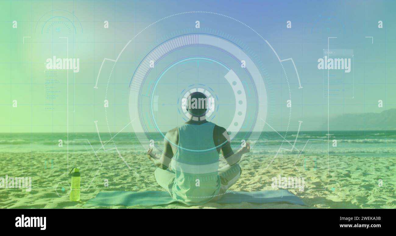Image of scope scanning over african american man meditating at beach ...
