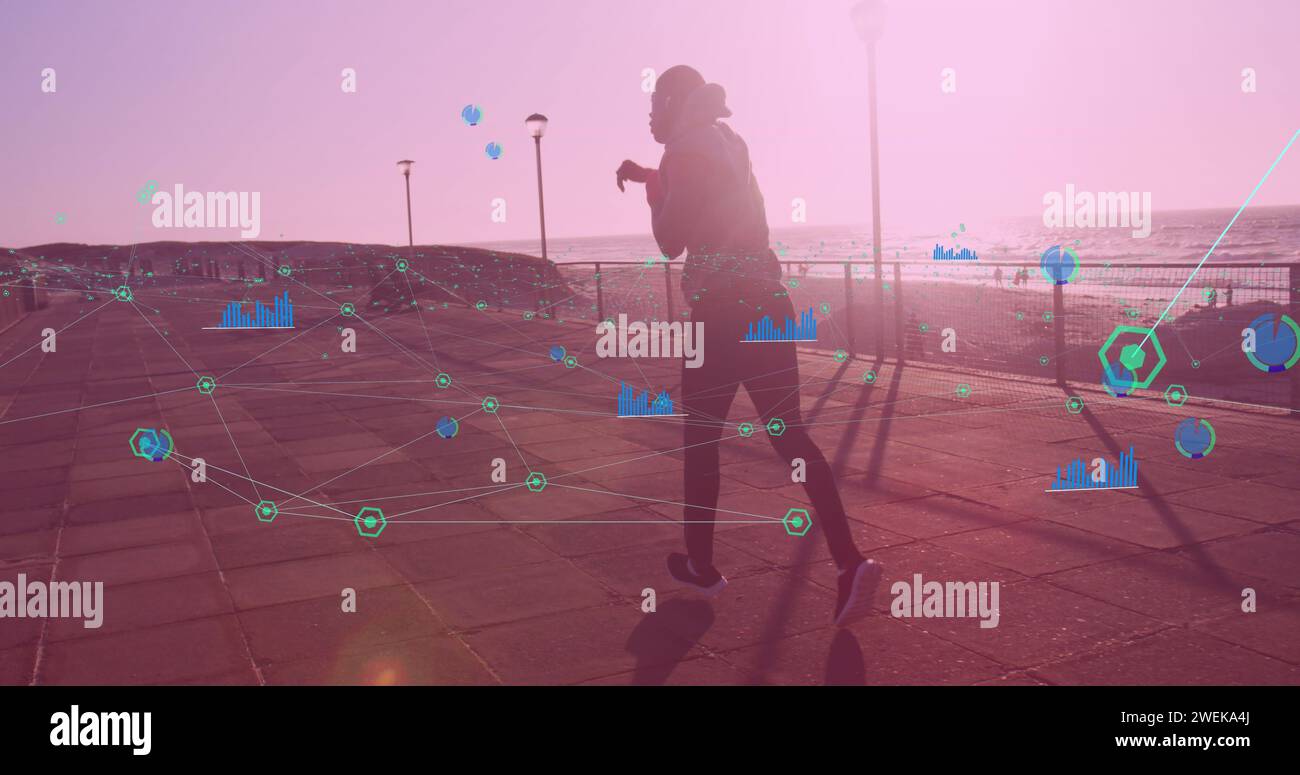 Network of connections against african american male boxer practicing ...