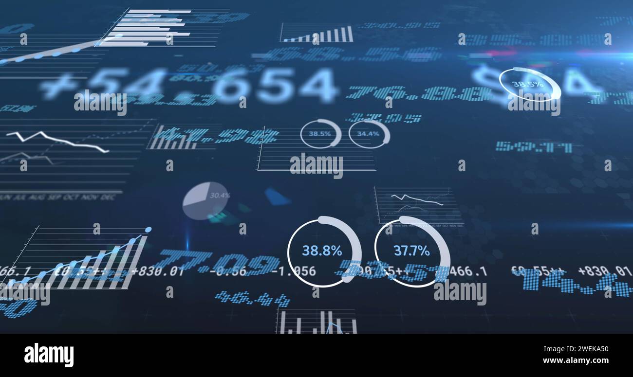 Image of financial data processing with numbers over blue background ...