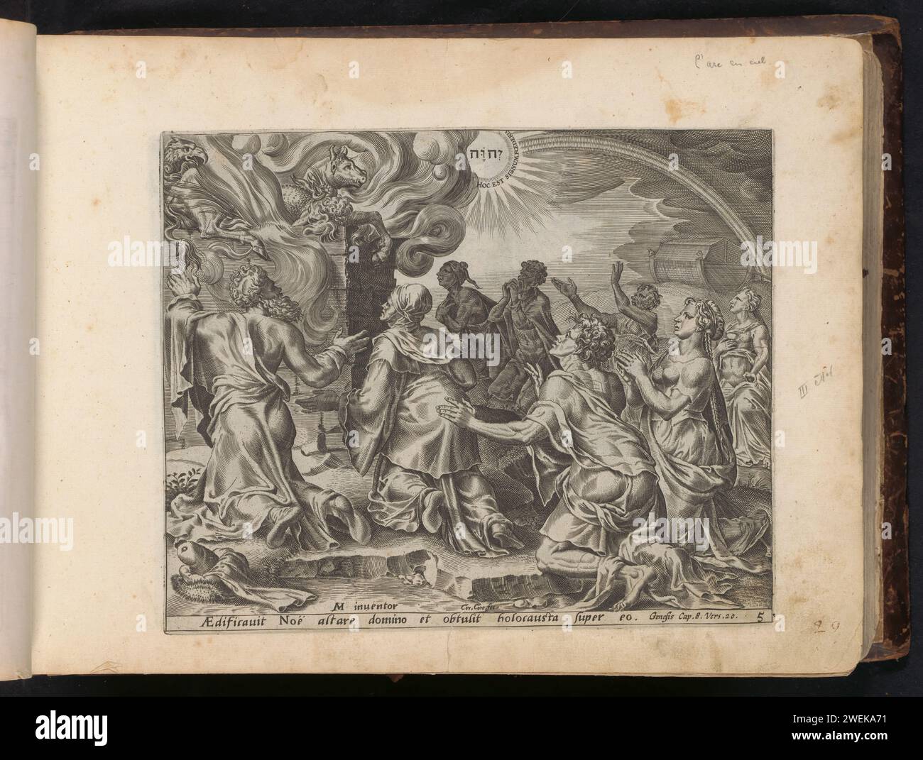 Offer from Noah, 1646 print On the left an altar on which different ...