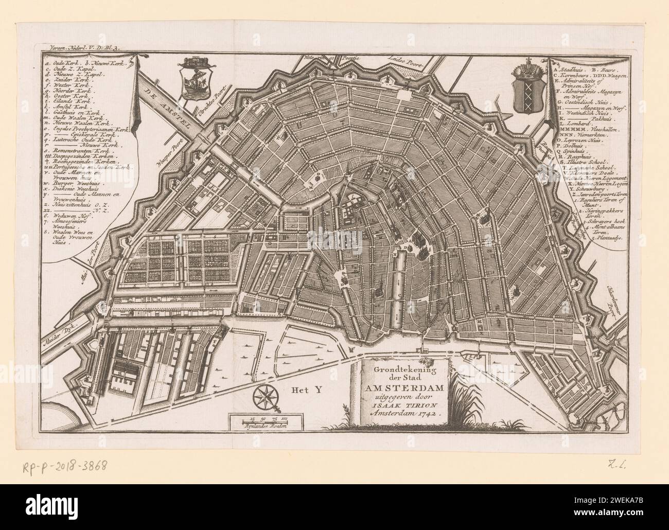 Map of Amsterdam, 1742, Anonymous, 1742 print paper etching maps of cities. city-walls Amsterdam ...