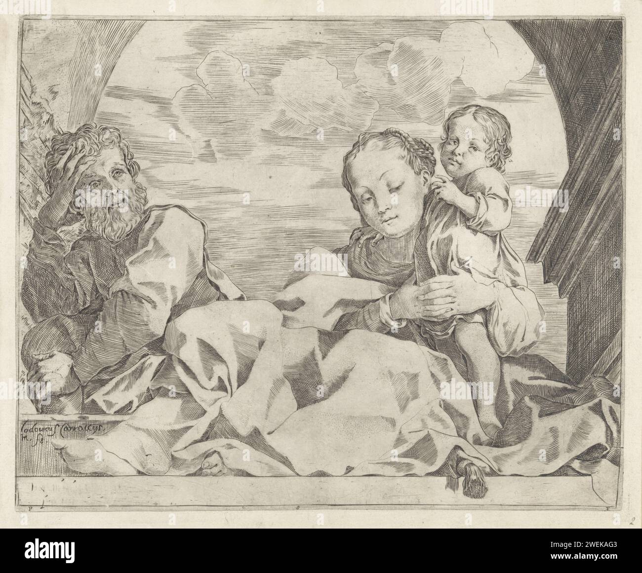 Holy family under an arc, Ludovico Carracci, c. 1585 - c. 1590 print Joseph, Mary and the Christ ...