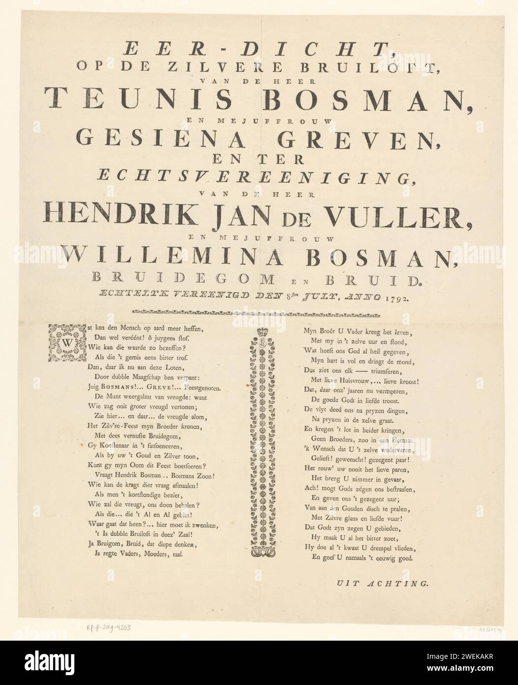 Poem in honor of a silver marriage and a wedding, Anonymous, 1792 text ...