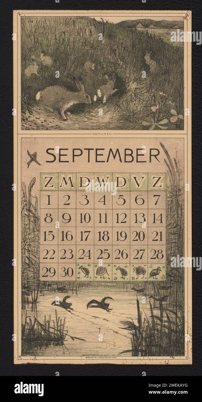 Calendar magazine for September 1912 with rabbits and meadows, Theo van ...