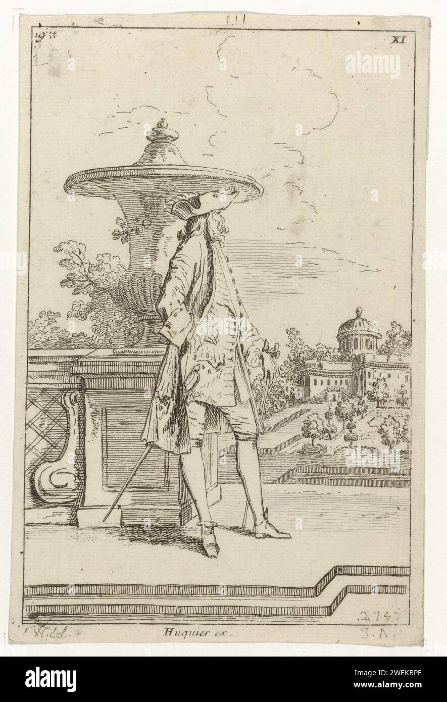 Standing man on Bordes, dressed in Justaucorps, 1728 print A man, half ...