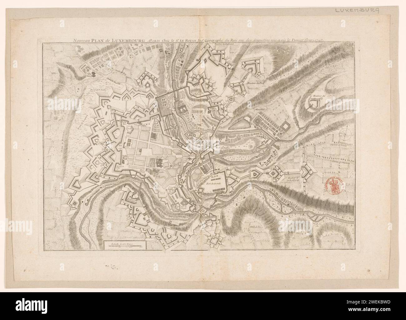 Vestingplattegrond van Luxemburg, anonymous, 1745 print Fortress map of ...