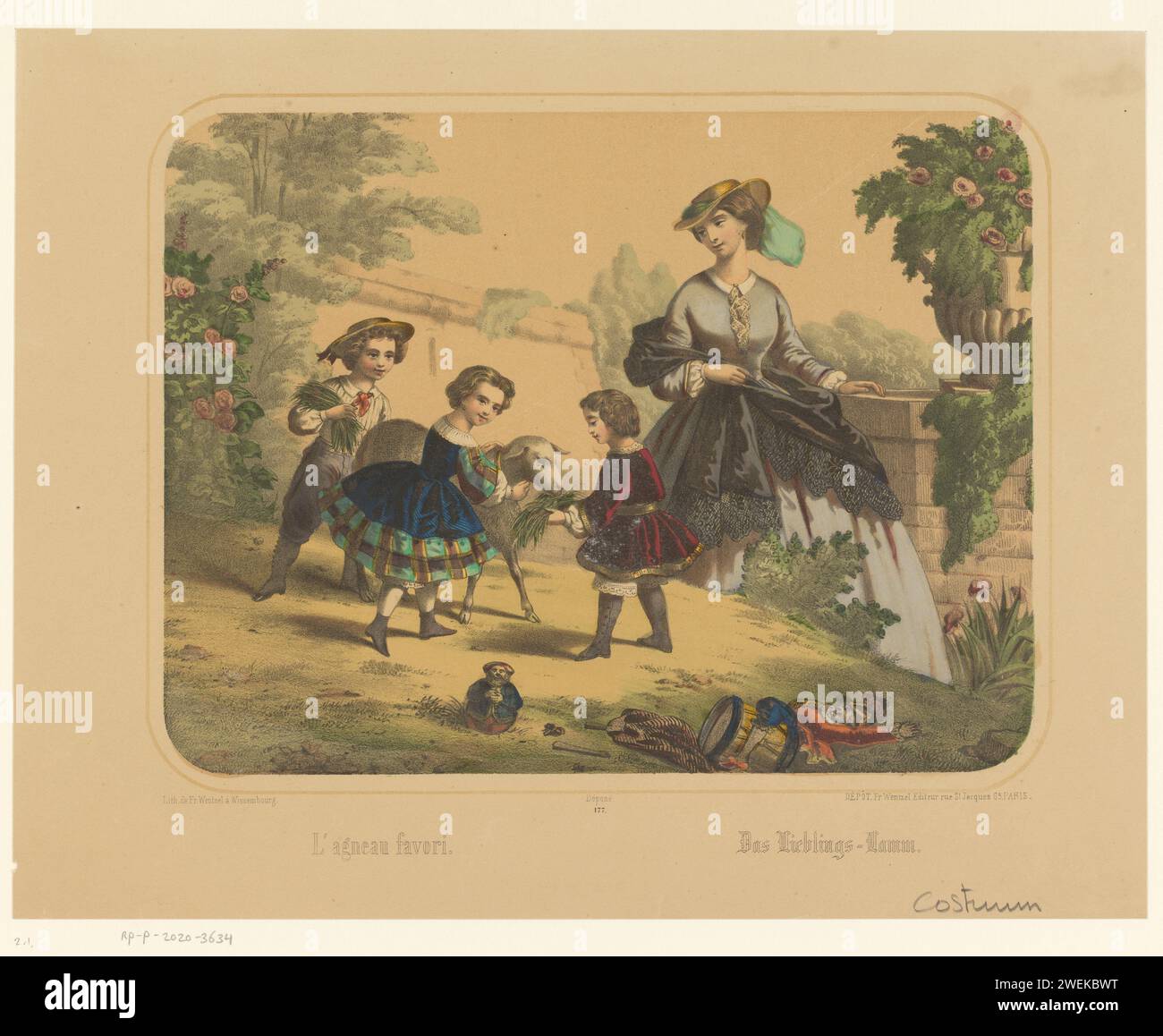 Three children feed a lamb, Frederic Charles Wentzel, c. 1831 - c. 1877 ...