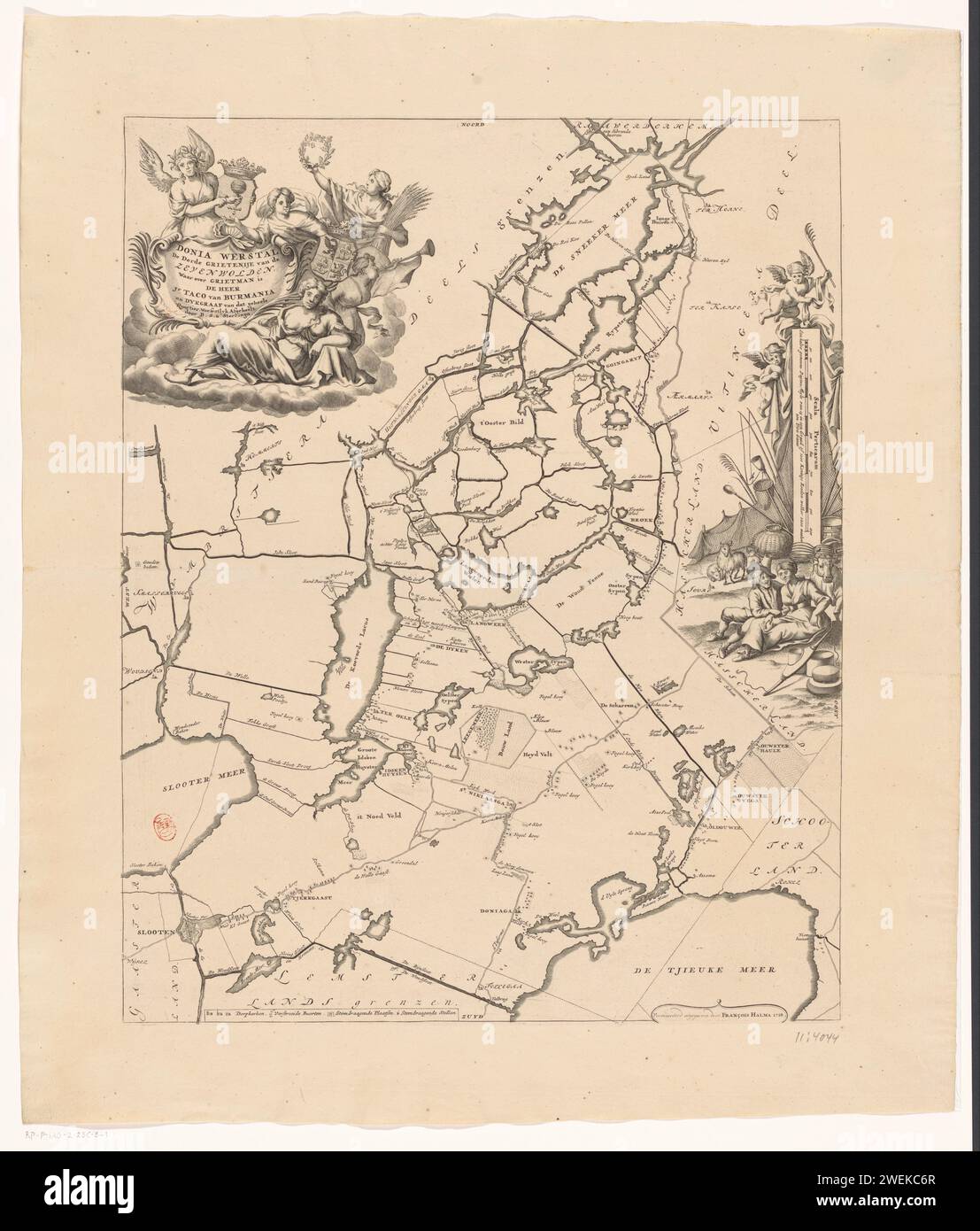 Map of De Grietenij Doniawerstal, 1718 print At the top left Cartouche ...