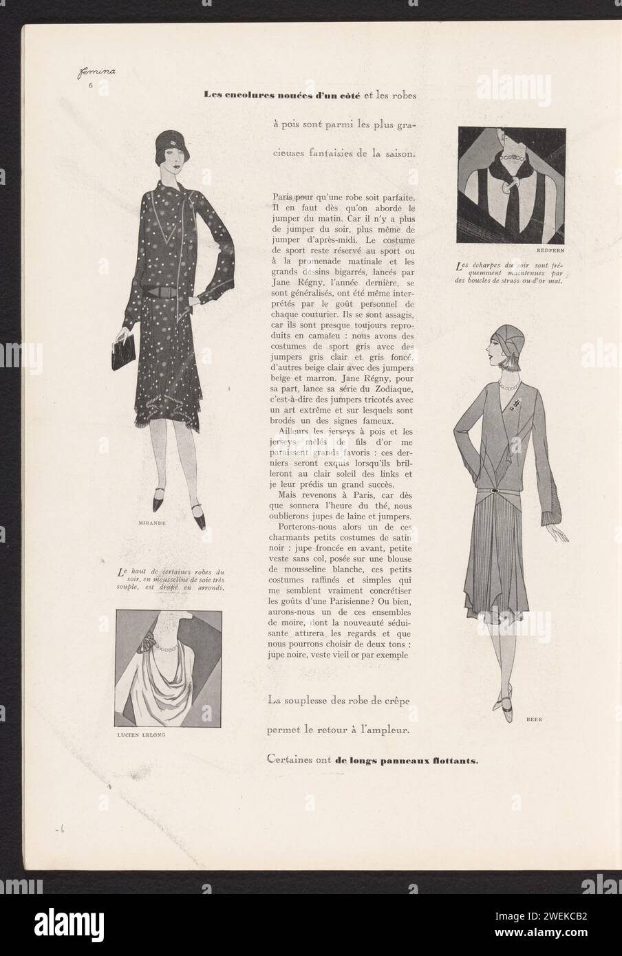 Femina, Mars 1928: 6: Two women in dresses from Mirande and Beer with ...
