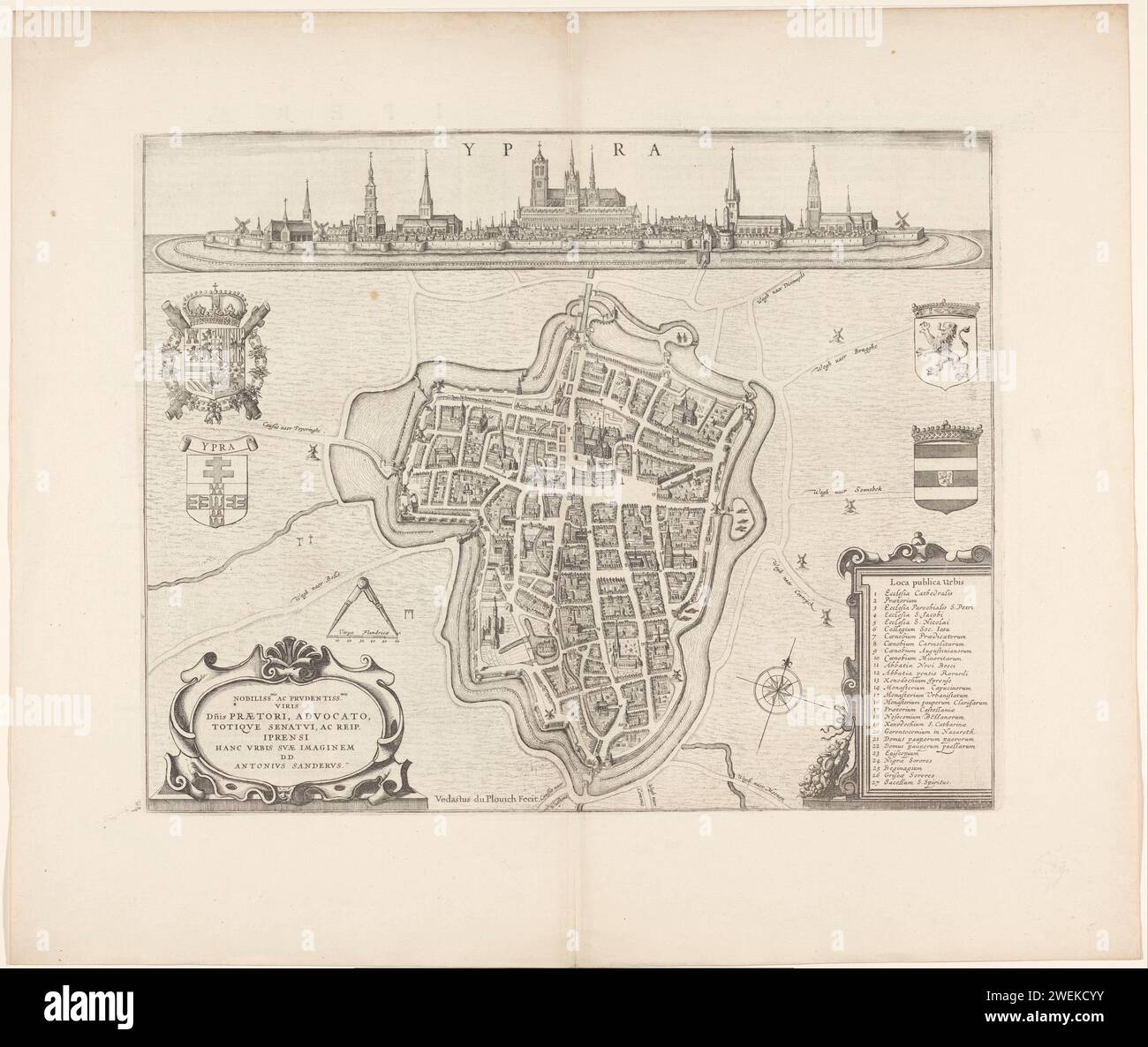 Map of and face on Ypres, Vedastus du Plouich, 1652 print Above a face ...