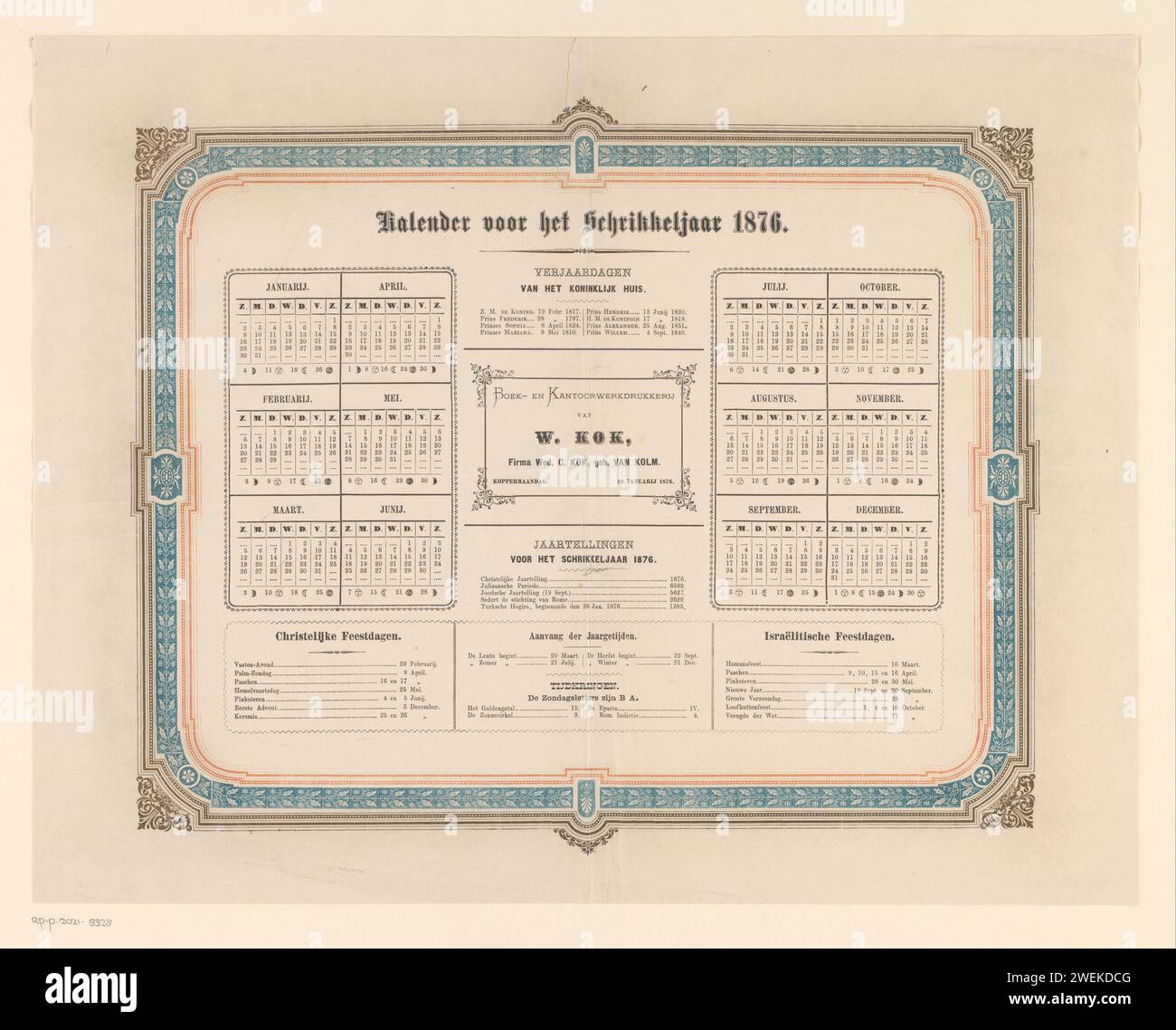 Calendar for the leap year 1876, Anonymous, after widow C., b. Van Kolm ...