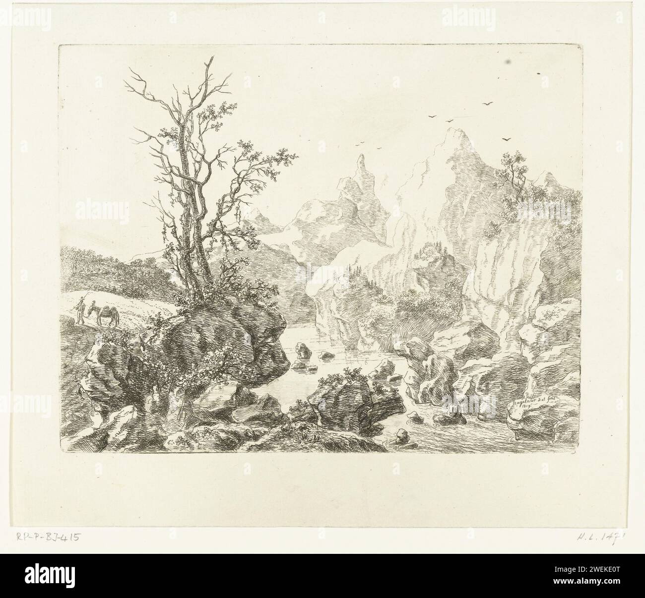 Rock landscape in Stiermarken, On the left a man with a mule, Ernst ...