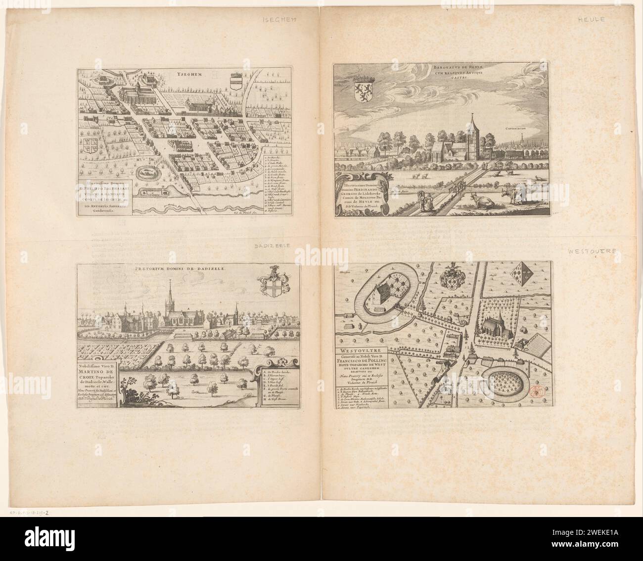 View of Heule and Dadizele and a map of Izegem and Westouter, Anonymous, 1652 print At the top ...