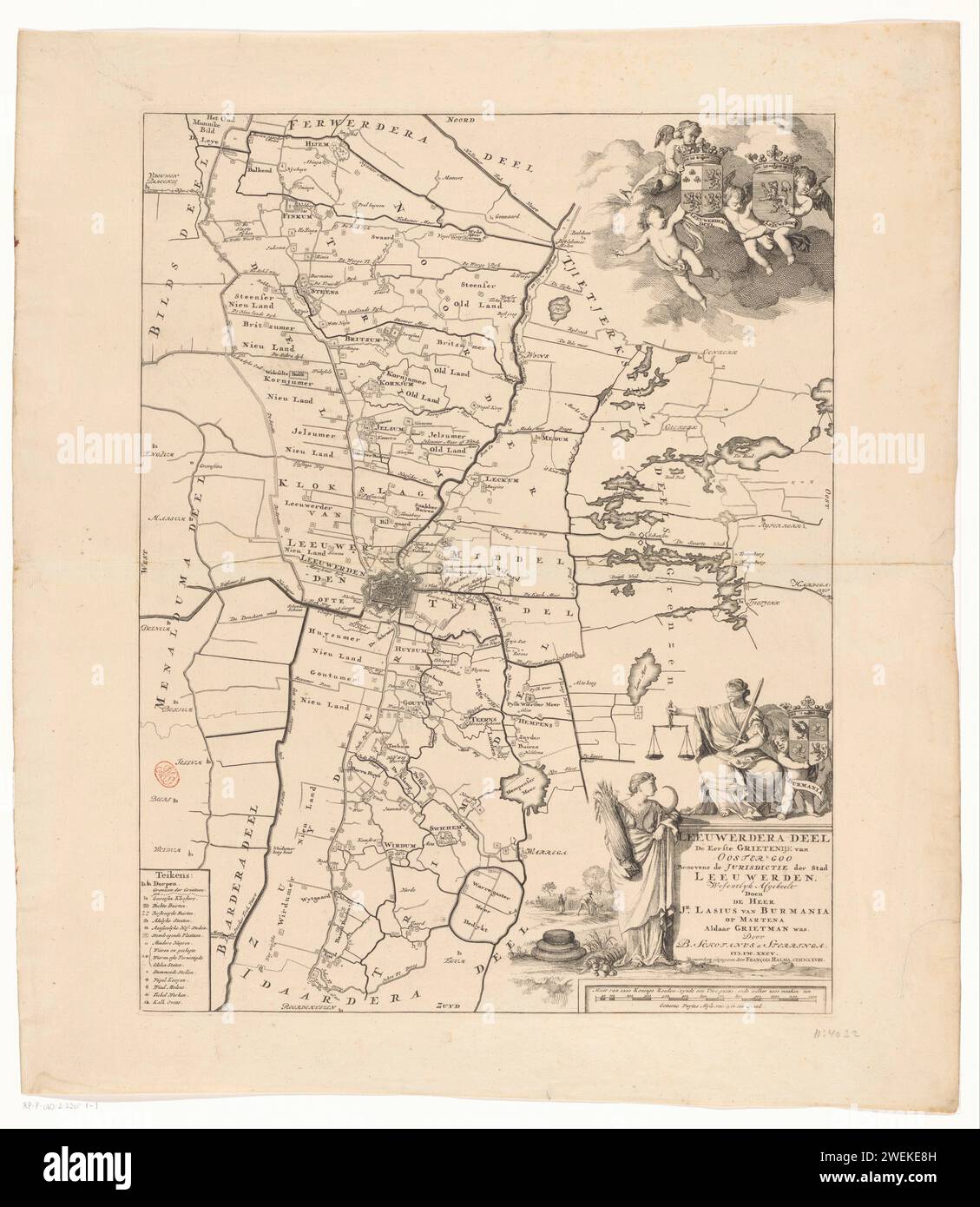 Map of the Grietenij Leeuwarderadeel, 1718 print Bottom left legend. At ...