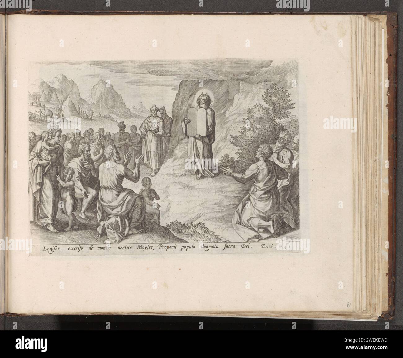 Moses with the Tables of the Law, 1579 print Moses shows the stone ...