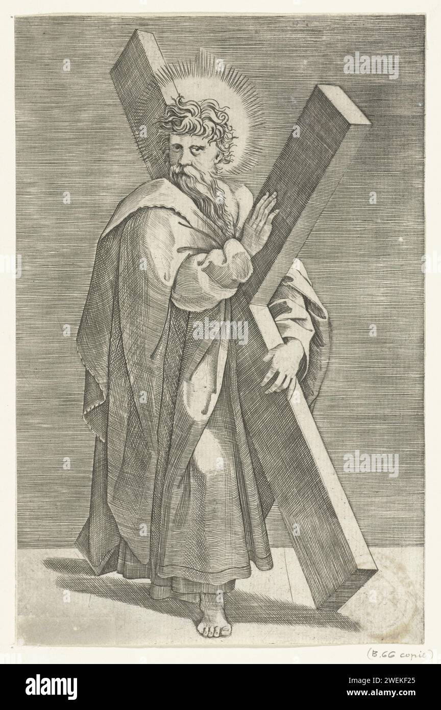 Apostel Andreas Met Kruis, Marco tooth, after Marcantonio Raimondi ...