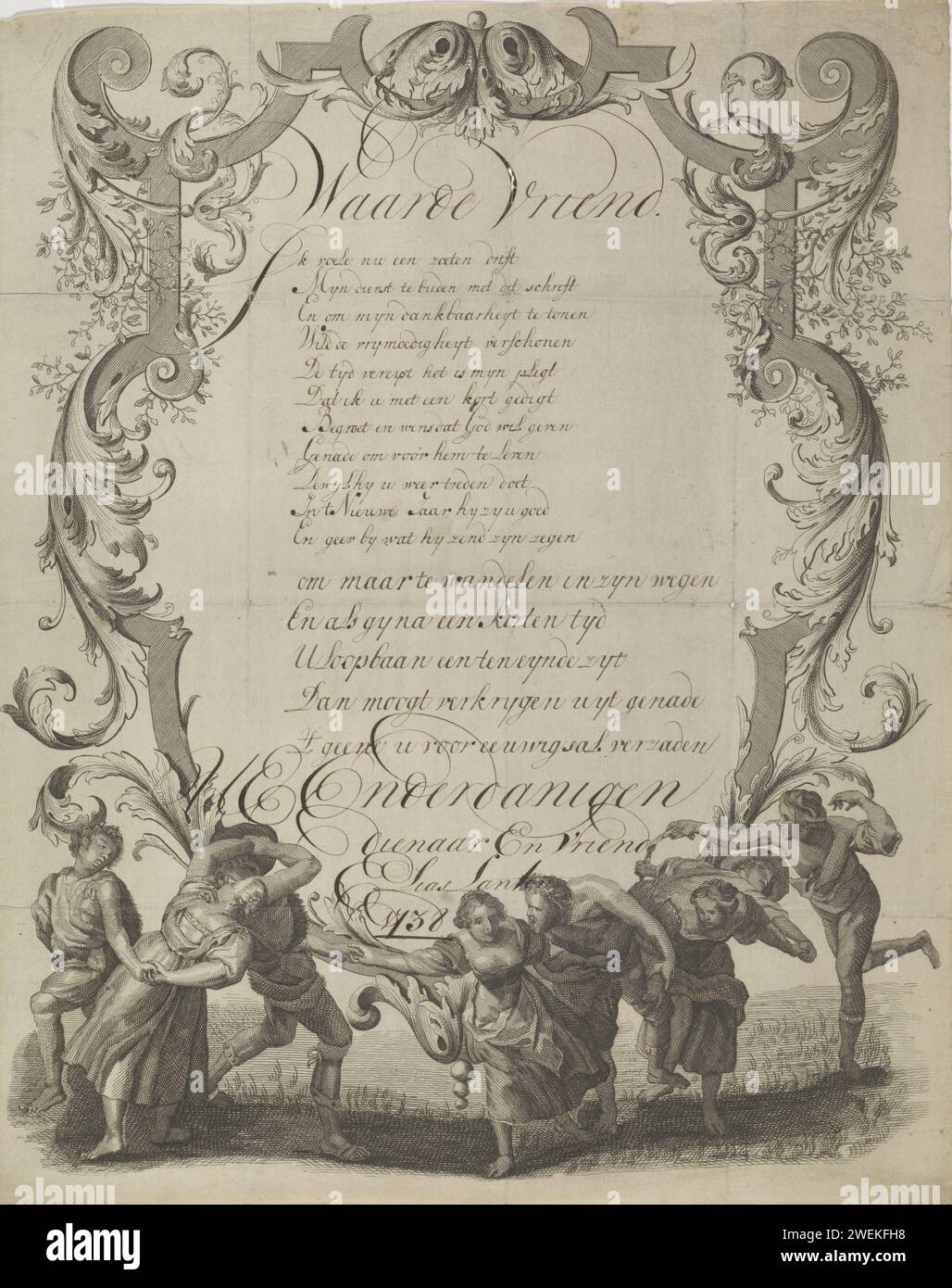 Wish letter with group of dancing people, 1738 print Wish letter with ...