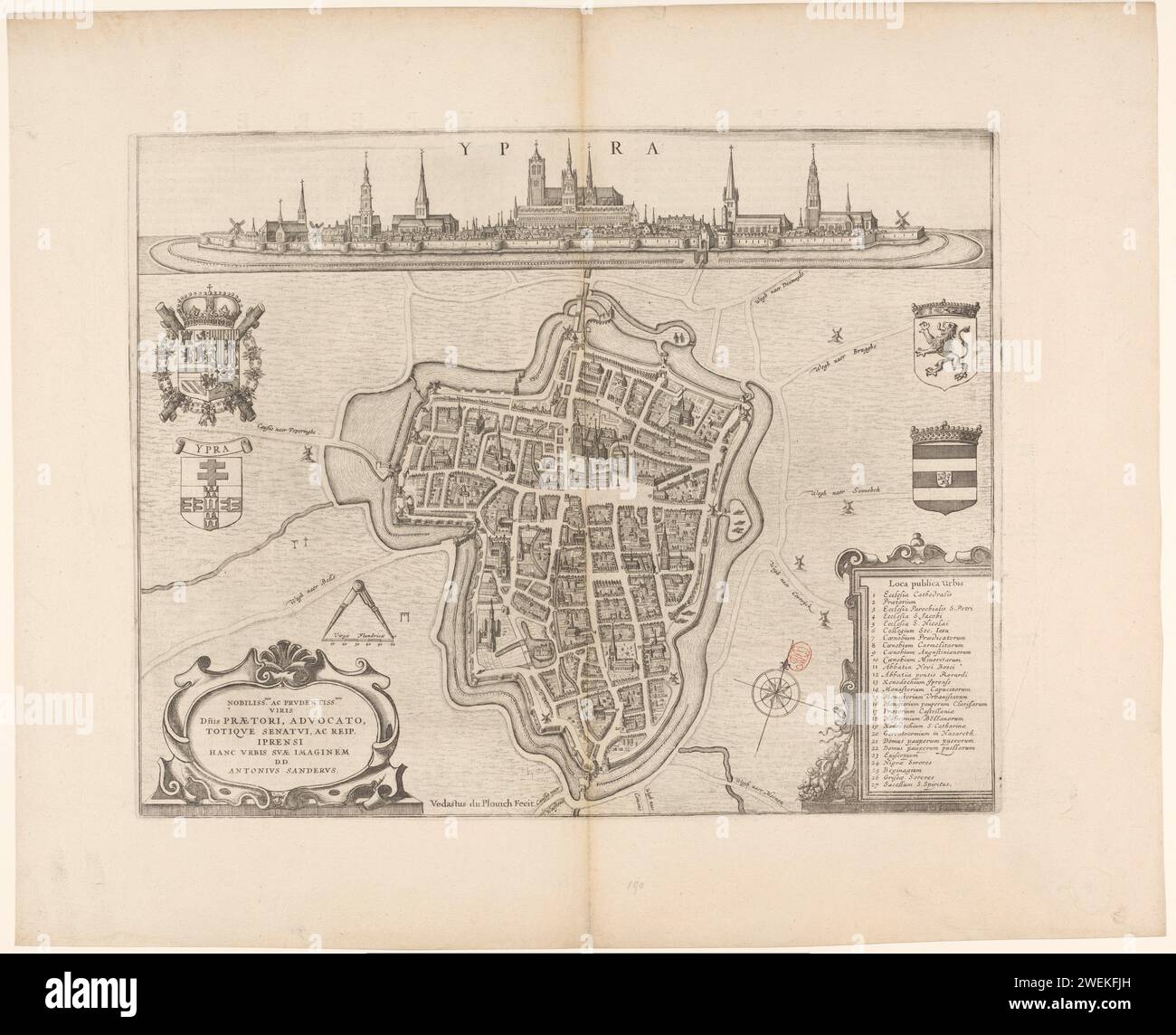 Map of and face on Ypres, Vedastus du Plouich, 1652 print Above a face ...