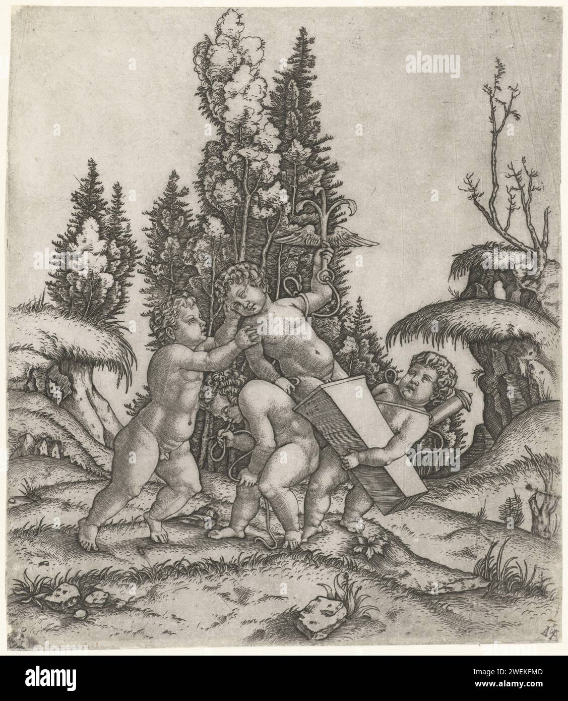 Amor and two putti or children wear image of putti with winged anchor ...