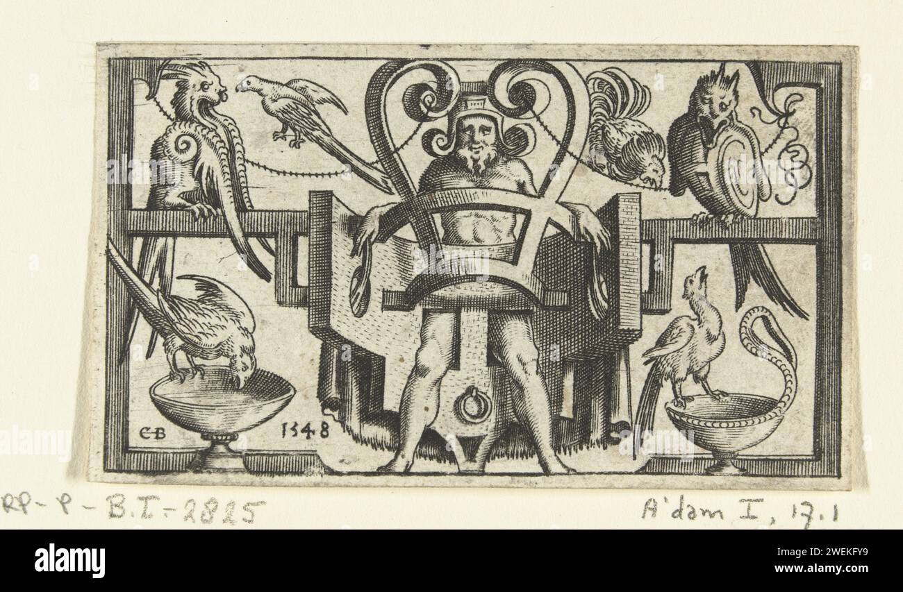 Man, trapped in rolling and surrounded by birds, 1548 print Belongs to ...