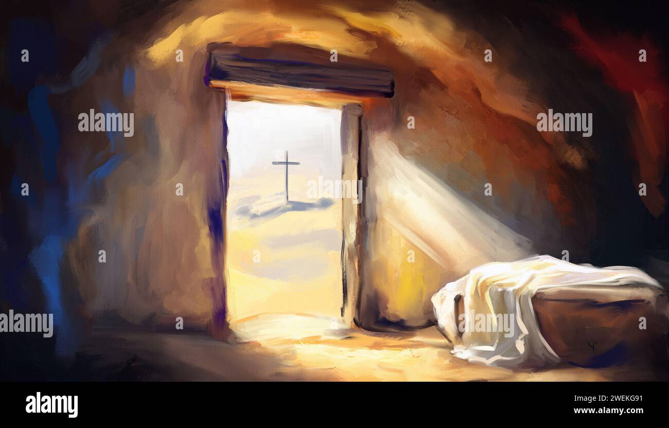 Easter Jesus Christ rose from the dead. Sunday morning. Dawn. The empty tomb in the background ...