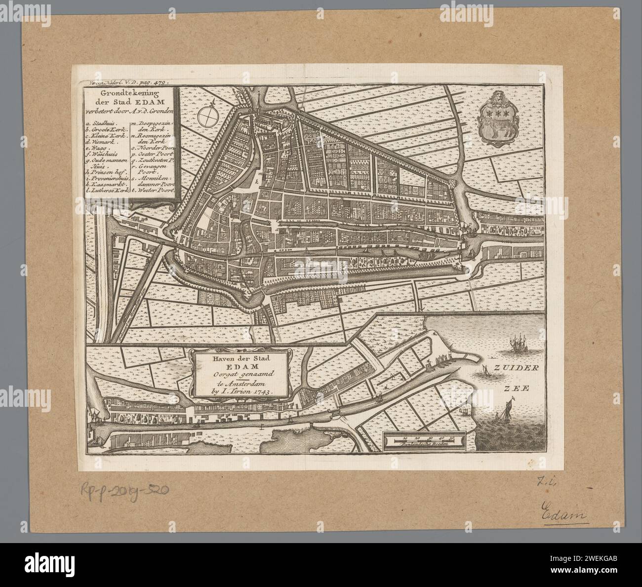Map of Edam, Anonymous, 1743 print At the top left: Vereen. Nederl. V.d ...
