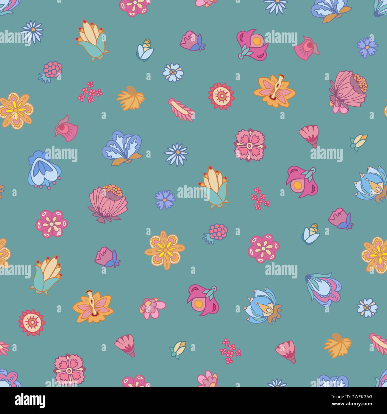 Colourful stylised flower blossoms on green background. Seamless ...
