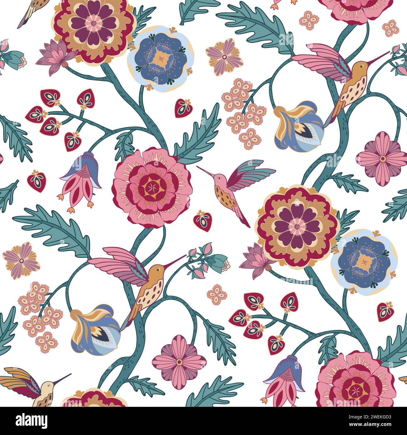 Stylised flowers and hummingbirds on white background. Indian floral ...