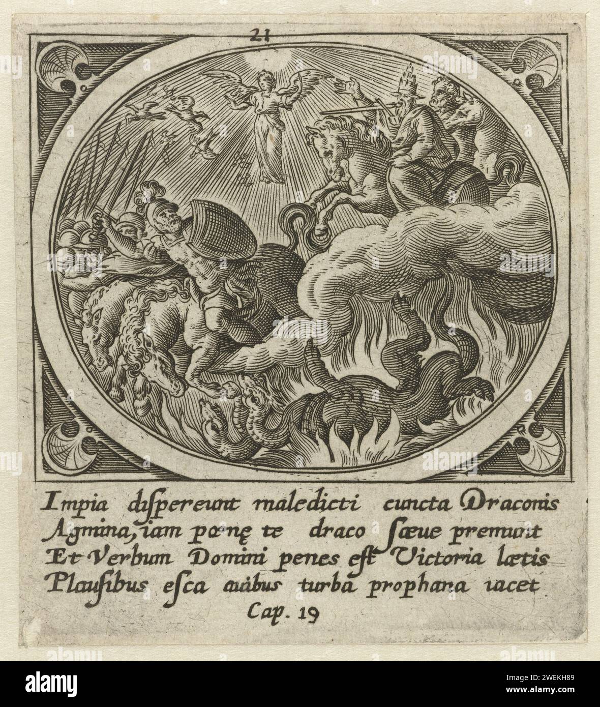 Battle between heavenly and earthly army, 1585 print An angel is in the ...