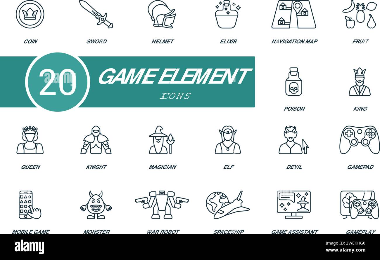 Game element outline icons set. Creative icons: coin, sword, helmet ...