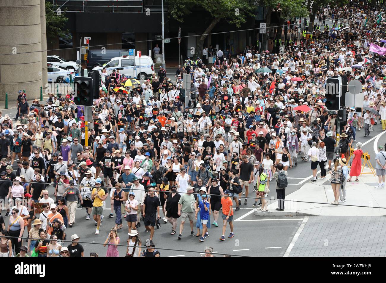 Sydney, Australia. 26th January 2024. Protesters gather in Belmore Park ...