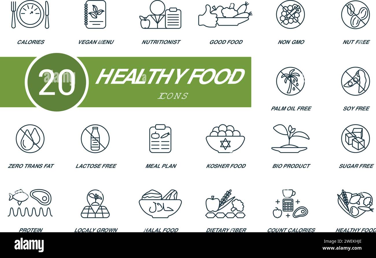 Healthy food outline icons set. Creative icons: calories, vegan menu ...