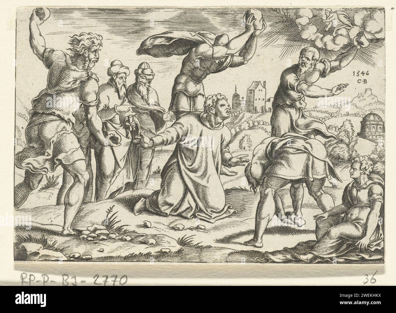 Stoning van Stefanus, Cornelis Bos, 1546 print The young Saul, the ...