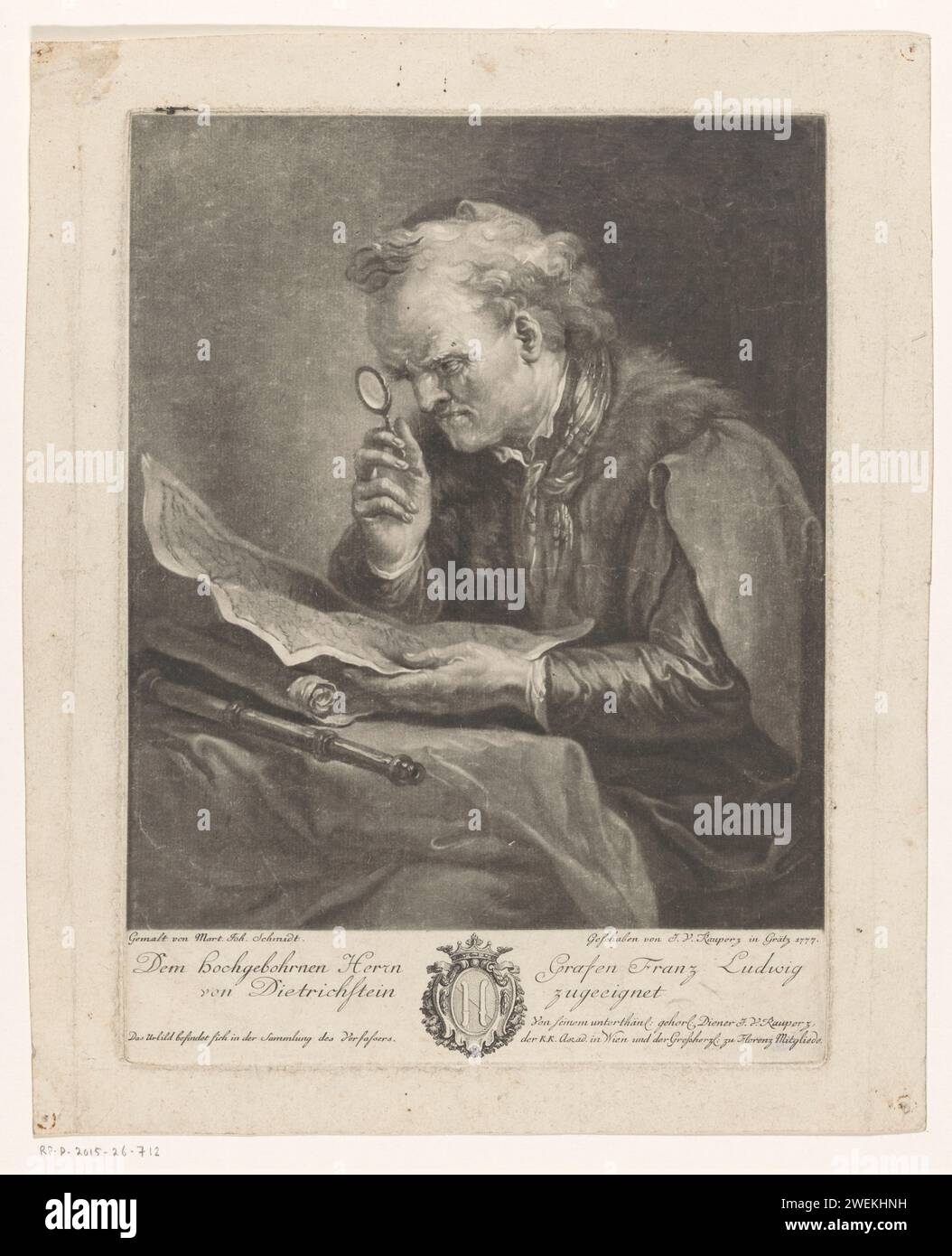 Man studies a map with a magnifying glass, 1777 print The man is behind ...