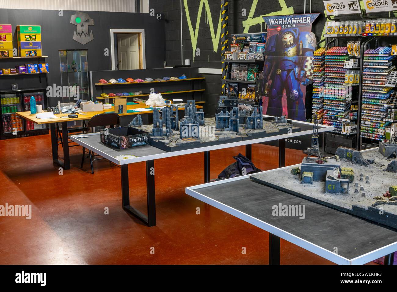 Warhammer gaming boards with defences in a gaming retail centre Stock ...